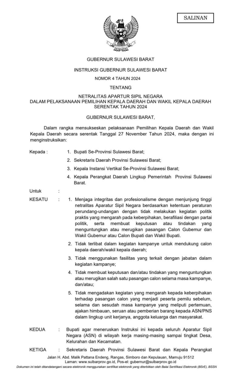 Pj Gubernur Sulbar Keluarkan Surat Edaran Tentang Netralitas ASN Menjelang Pilkada Serentak 2024 ...